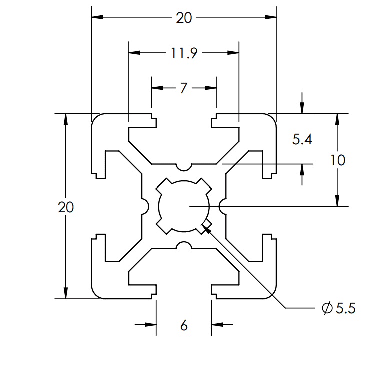 20 Series, 20mmx20mm T slot Aluminum Framing Extrusion